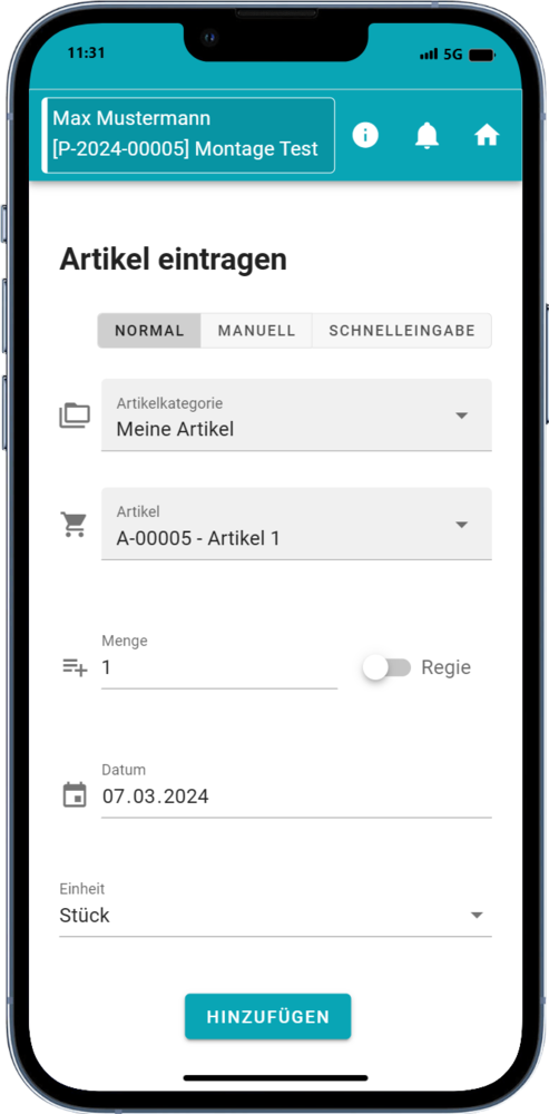 Artikelerfassung via App - Erfassen Sie Projektaufwände Ihrer Mitarbeiter